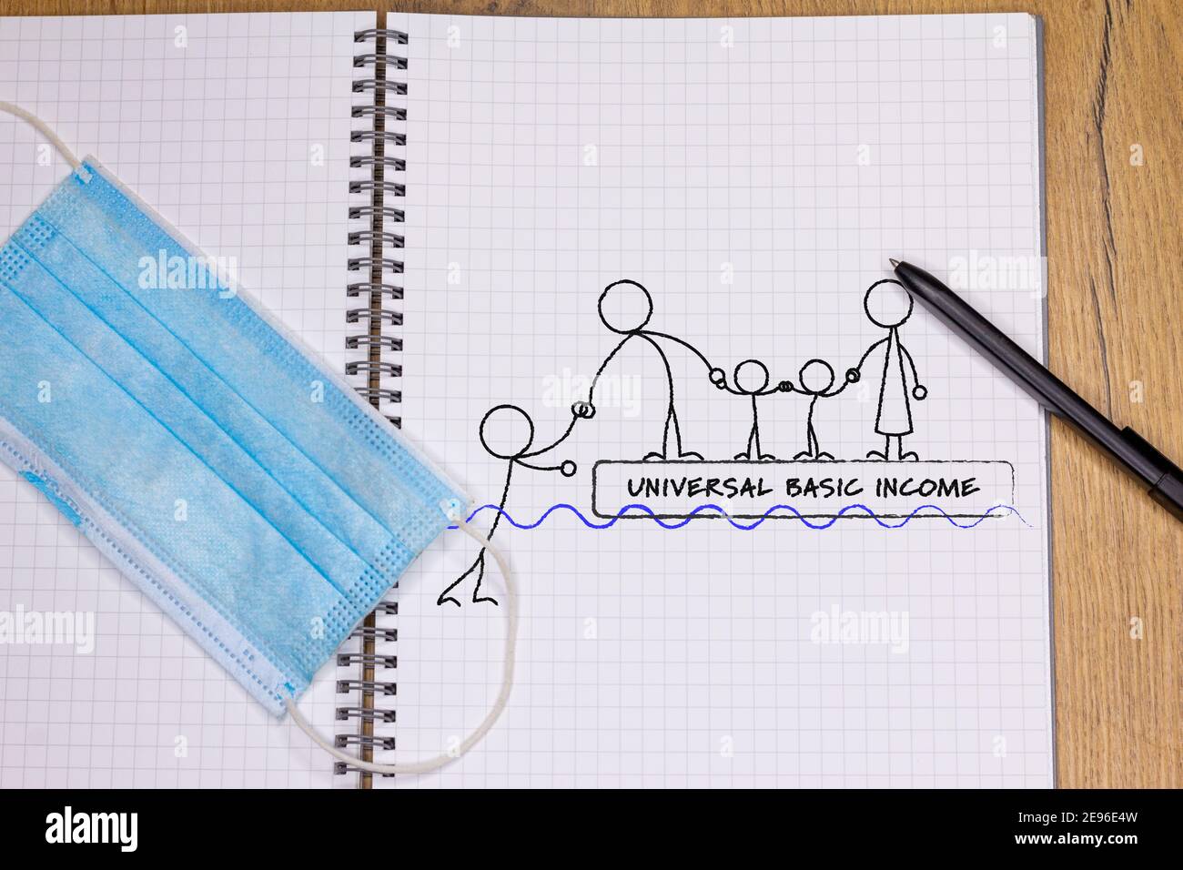 Drawing on note pad of family on life raft with universal basic income ...