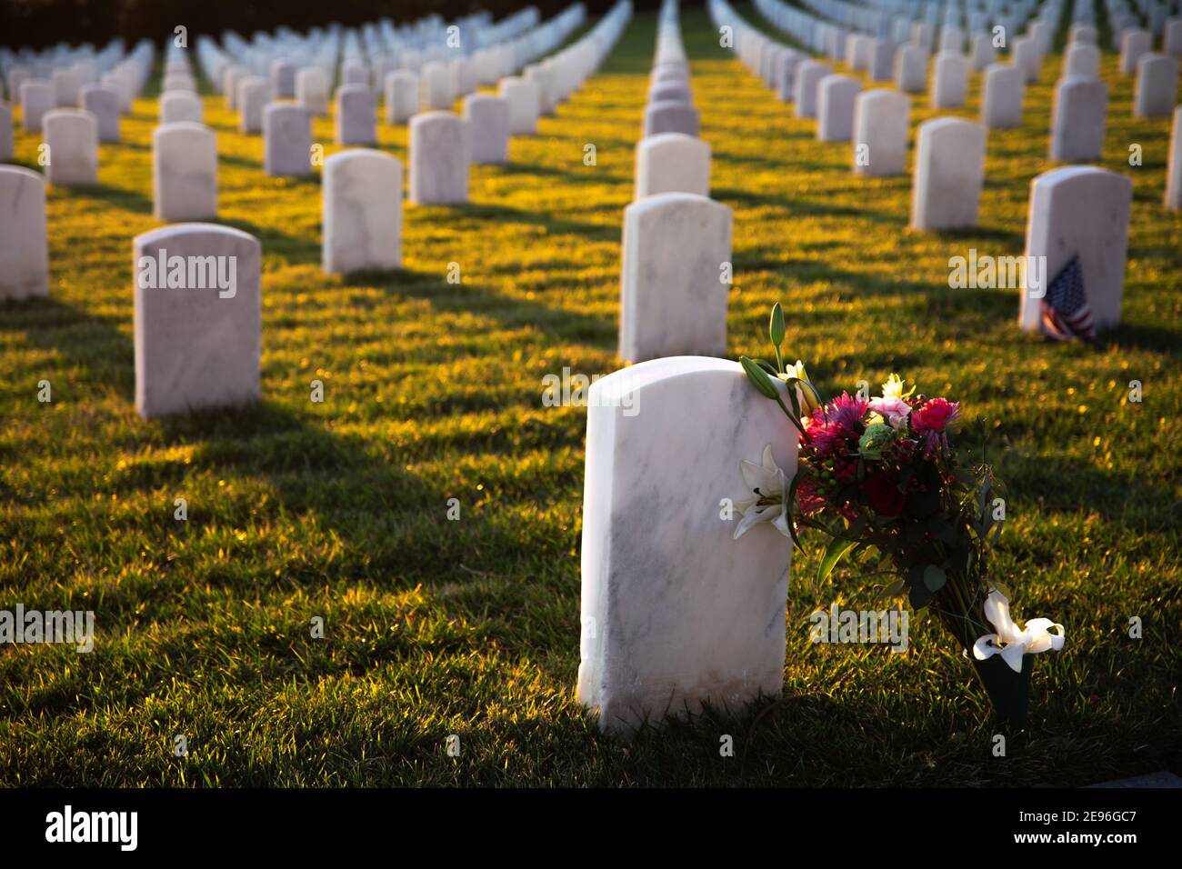 War cemetery with rows of white marble graves on green grass at sunset ...