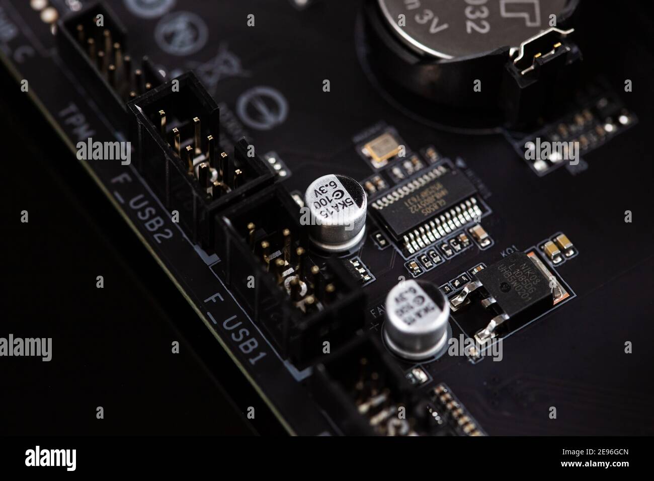 Motherboard on a table close-up, inside of a desktop computer showing ...