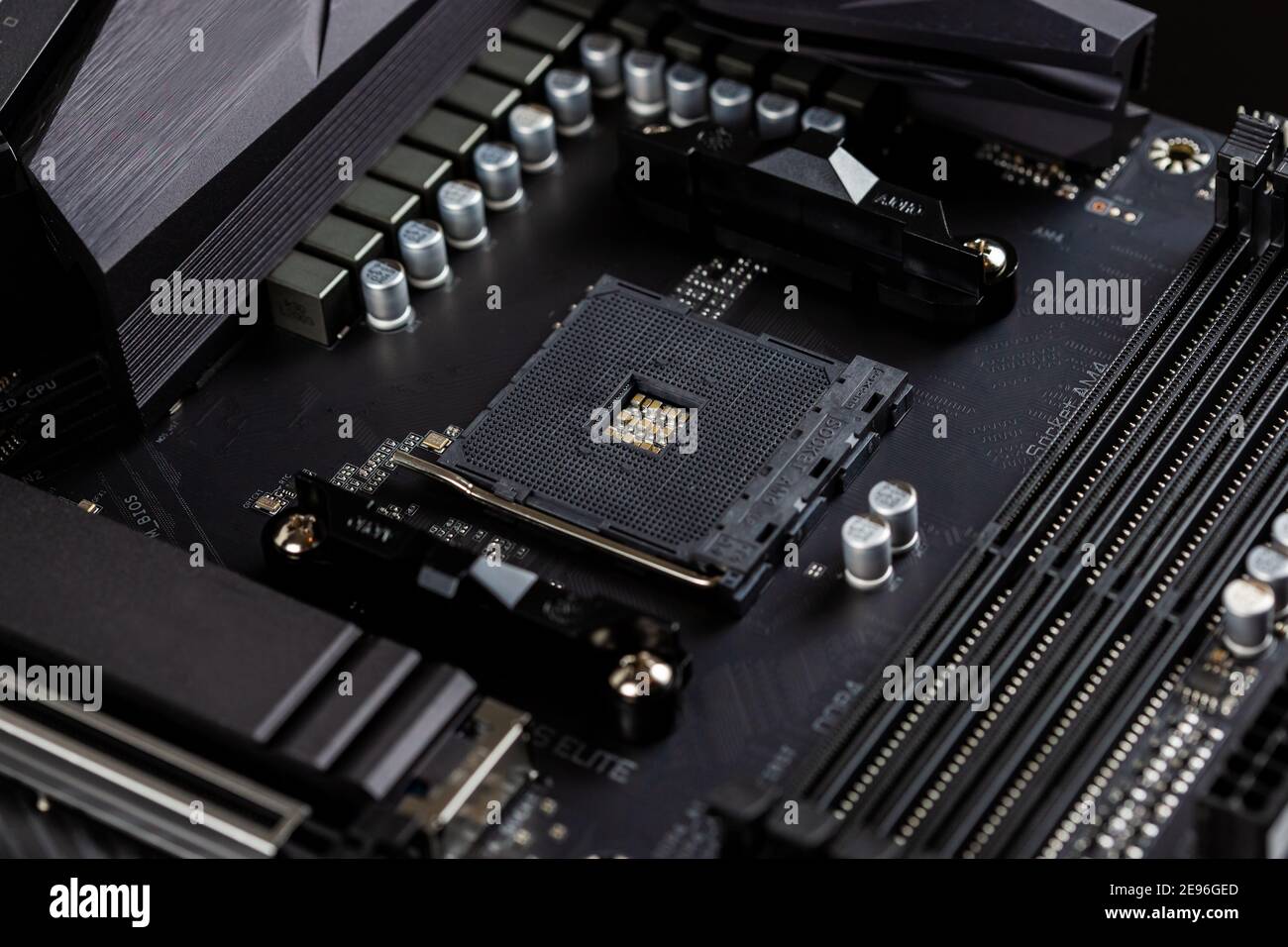 Motherboard on a table close-up, inside of a desktop computer showing ...