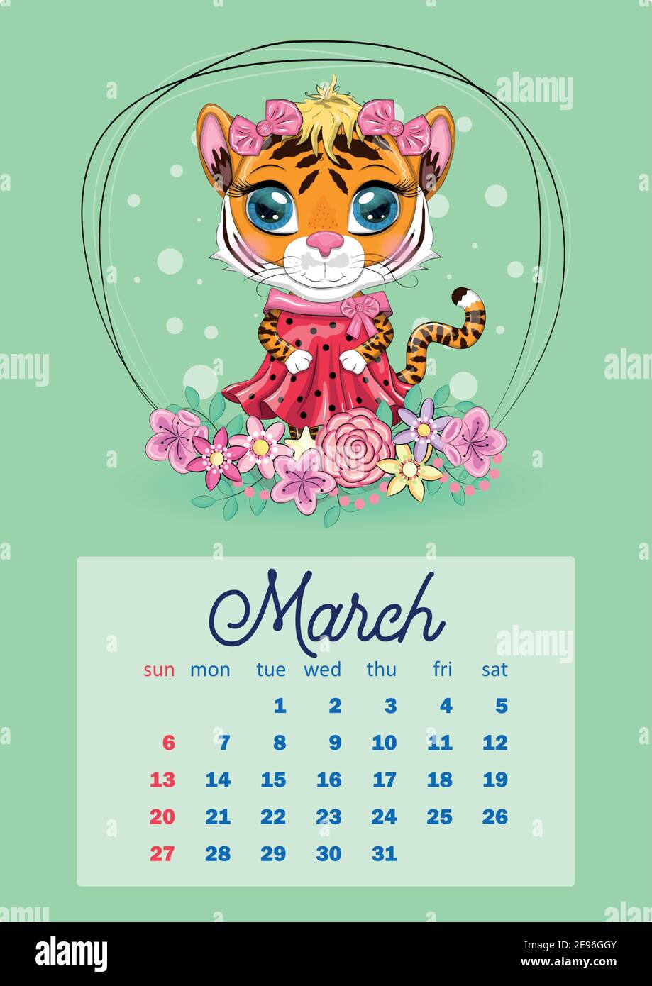 Cute tiger. Wall calendar design template for 2022, Year of the Tiger ...