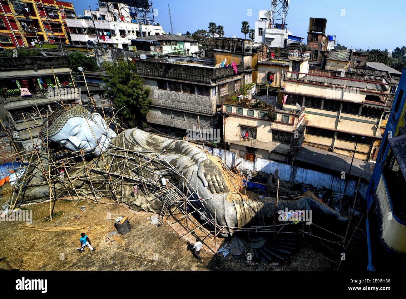 An overview of the 100 feet statue of Lord Buddha in a reclining ...