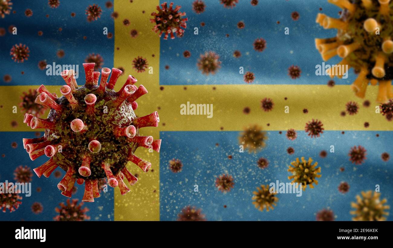 Flu coronavirus floating over Swedish flag, a pathogen that attacks the ...