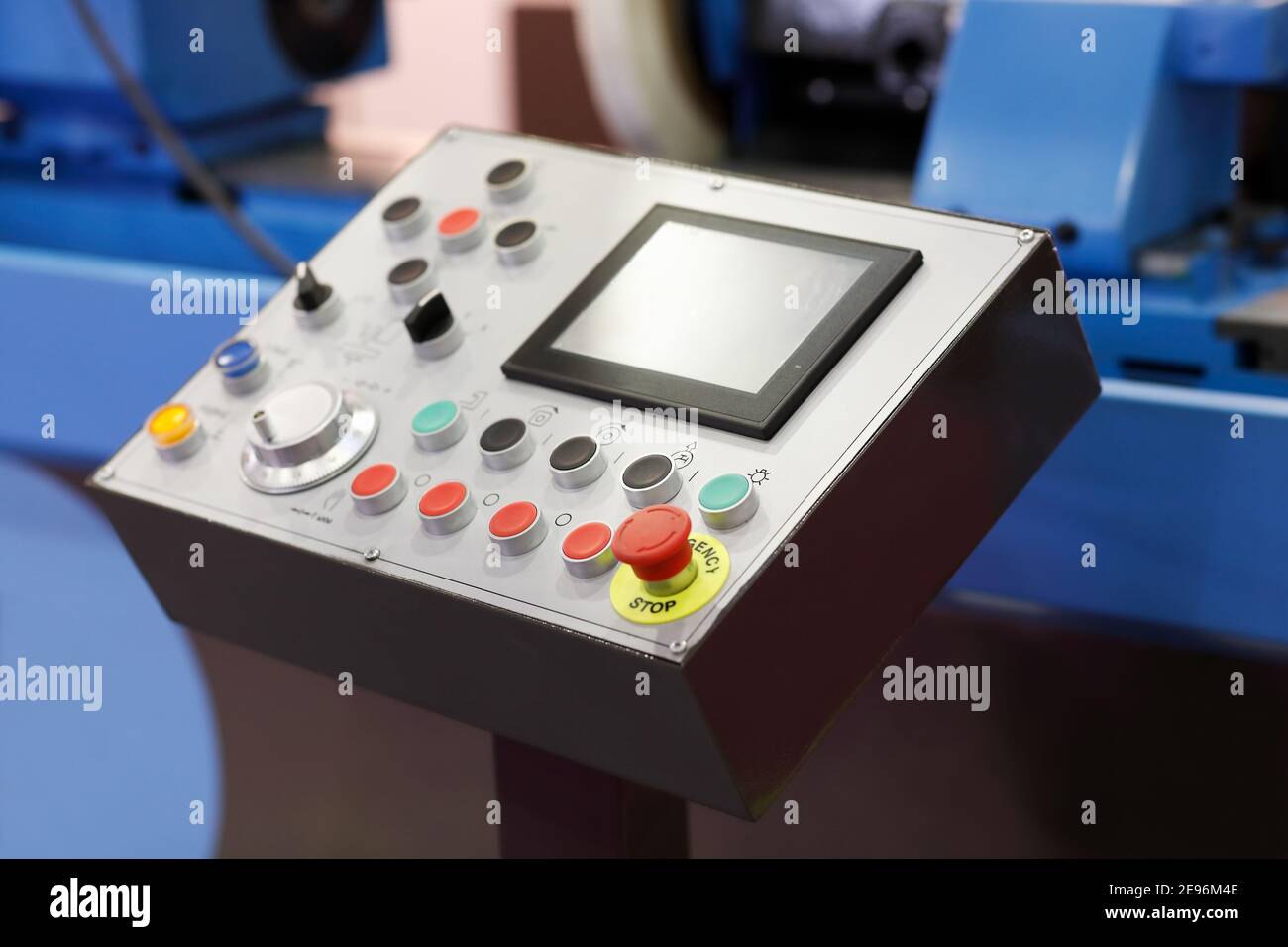 Control panel of industrial equipment with touchscreen. Selective focus ...