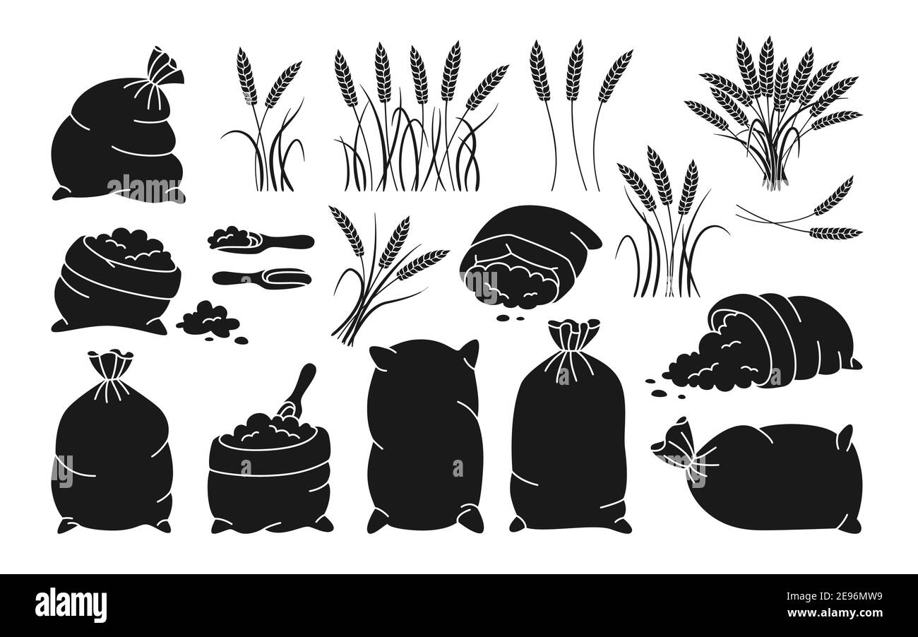 Bag flour and wheat ears, black glyph set. Heap flour, grain spikelets ...