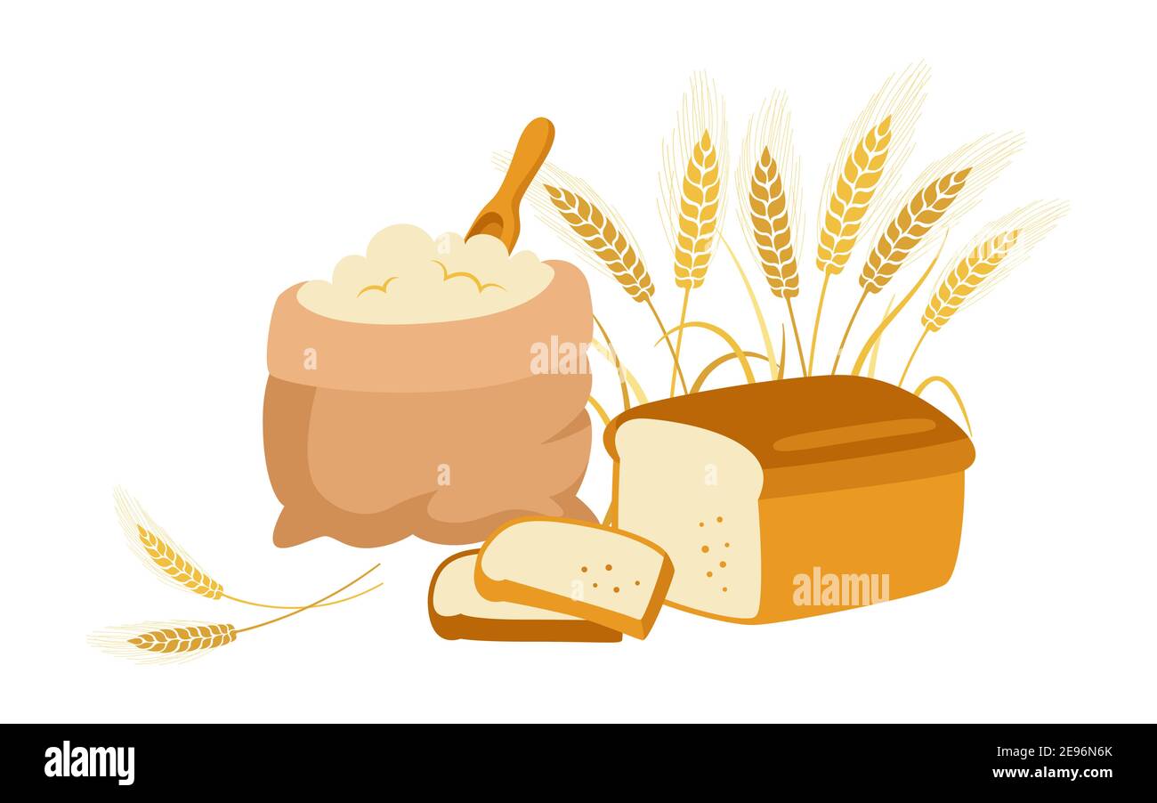 Bag of flour and wheat ears, bread sliced, cartoon composition. Bakery ...