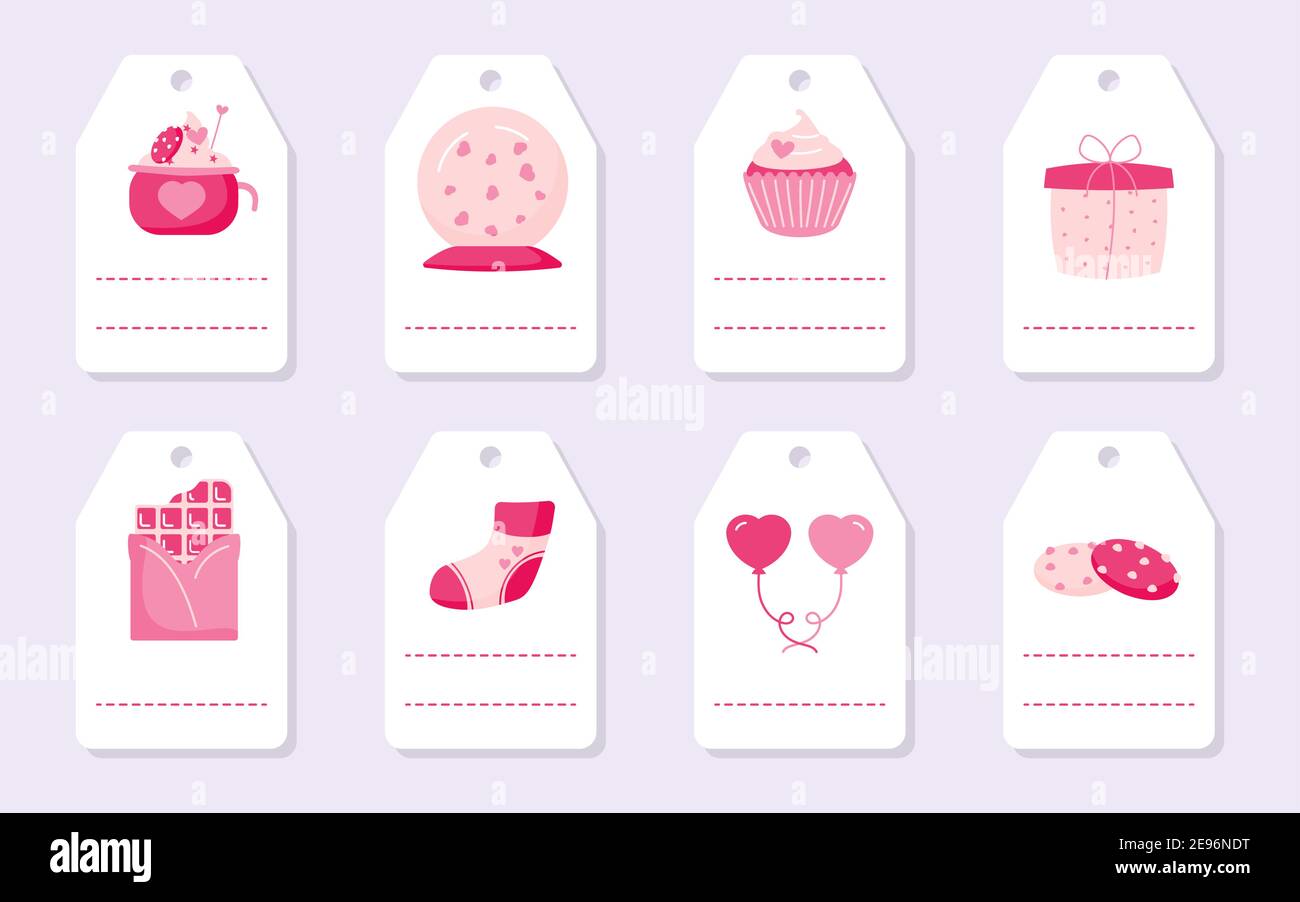 Set of cute love romantic gift tags with pink hearts, cupcake balloon ...