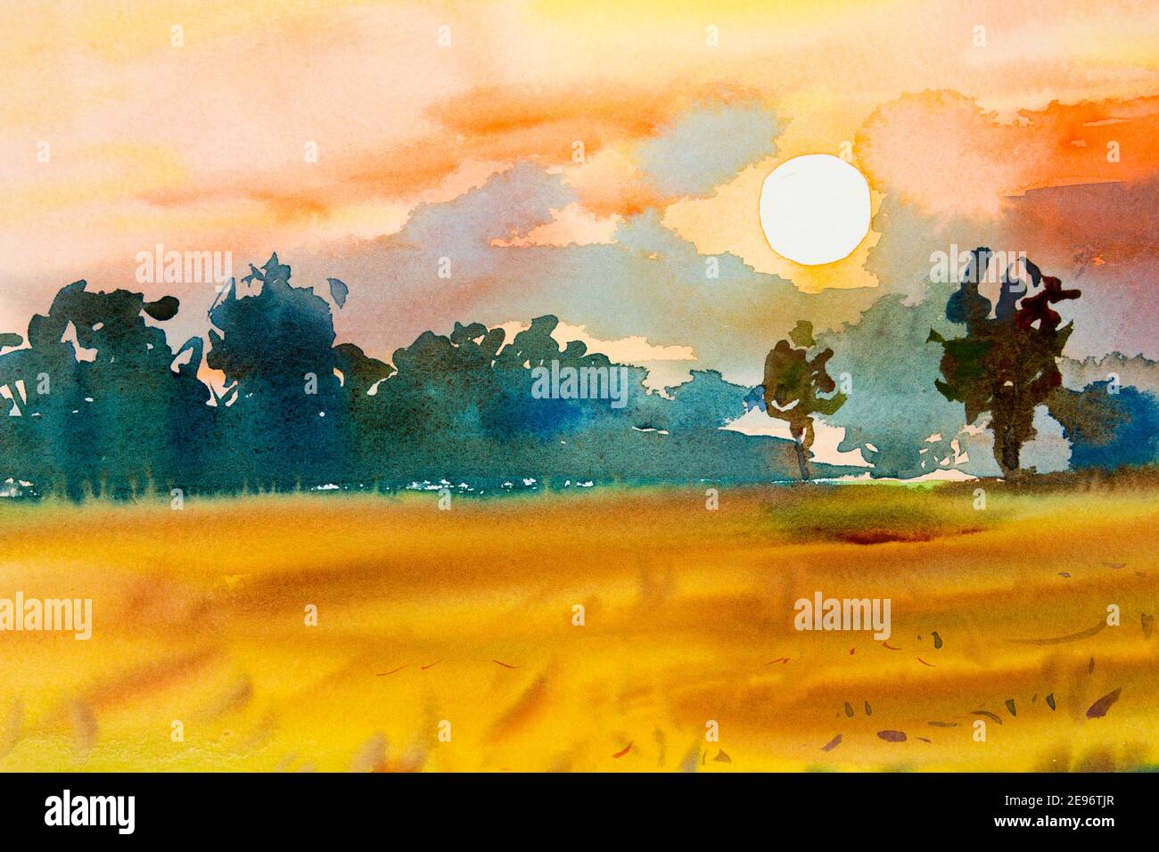 Watercolor painting original landscape colorful of rice field with big ...