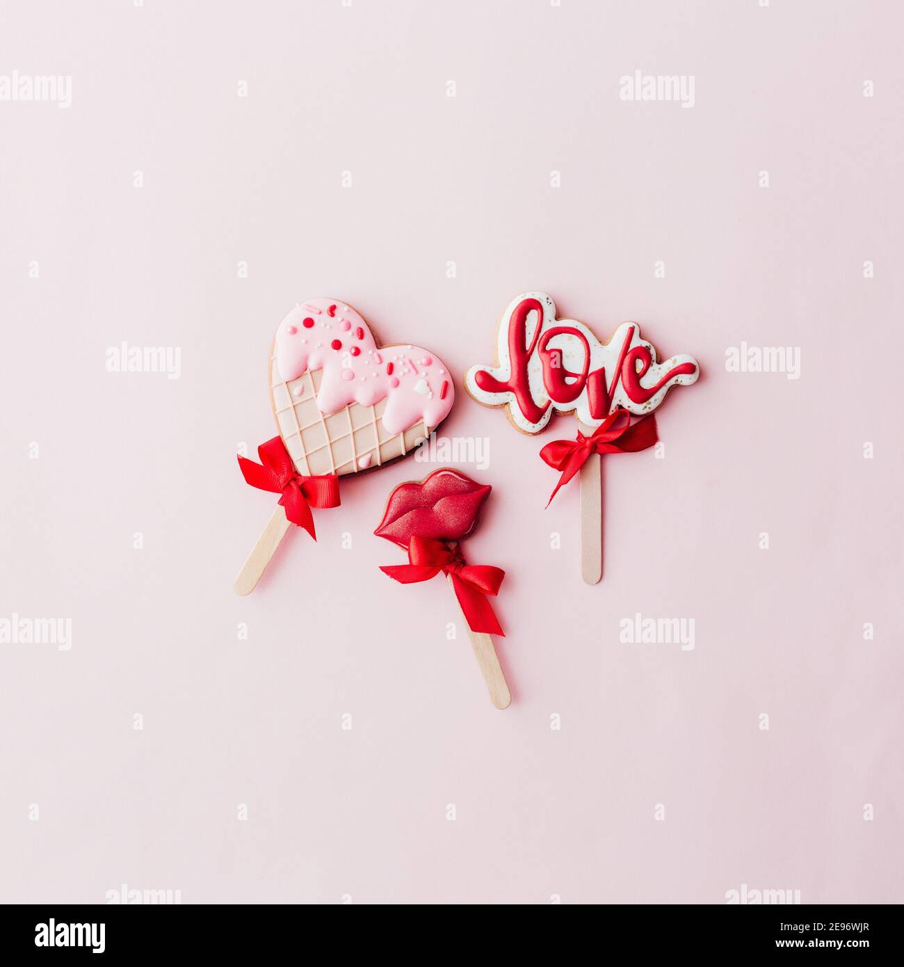 Gingerbread cookies love, lips, heart ice cream. Valentine card. Pink ...
