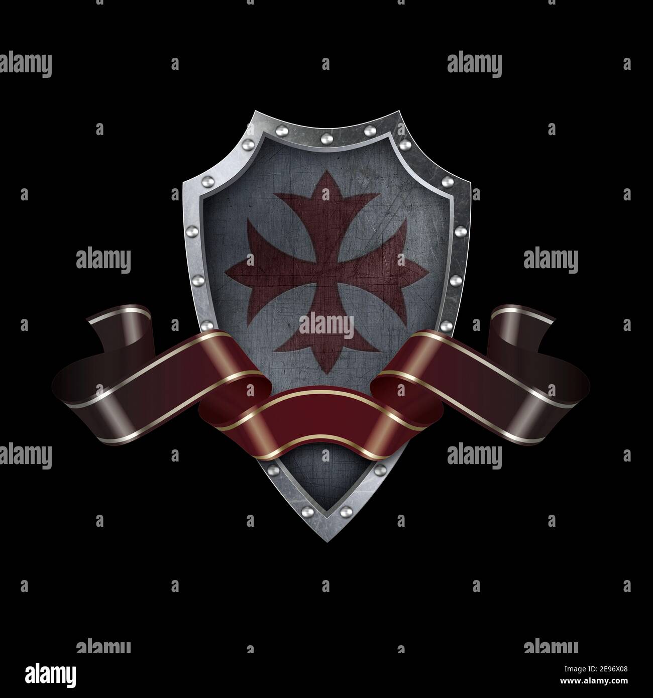 Antique shield with ancient cross and red ribbon isolated on black ...