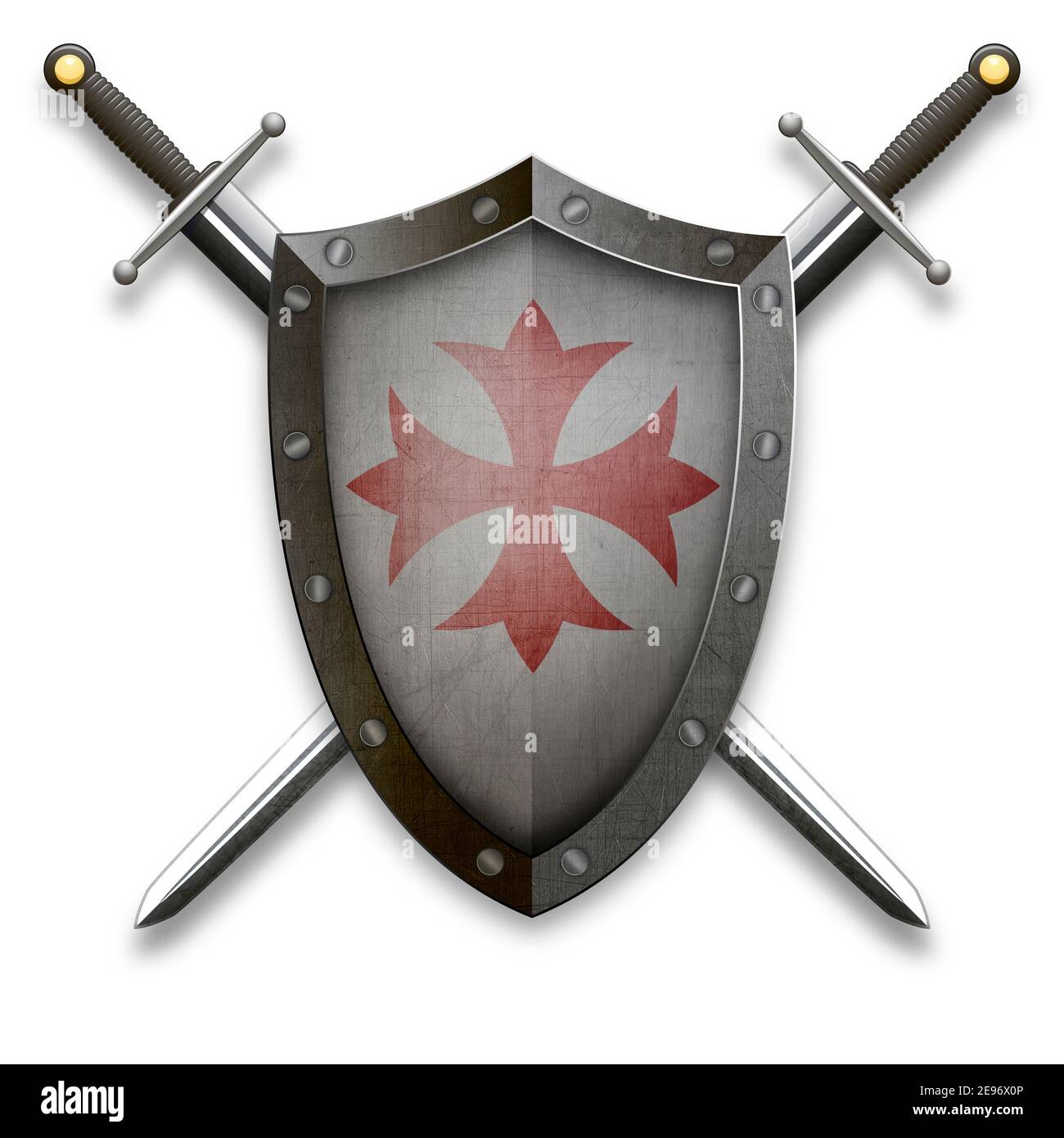 Medieval riveted shield with swords. Isolated on white background Stock ...
