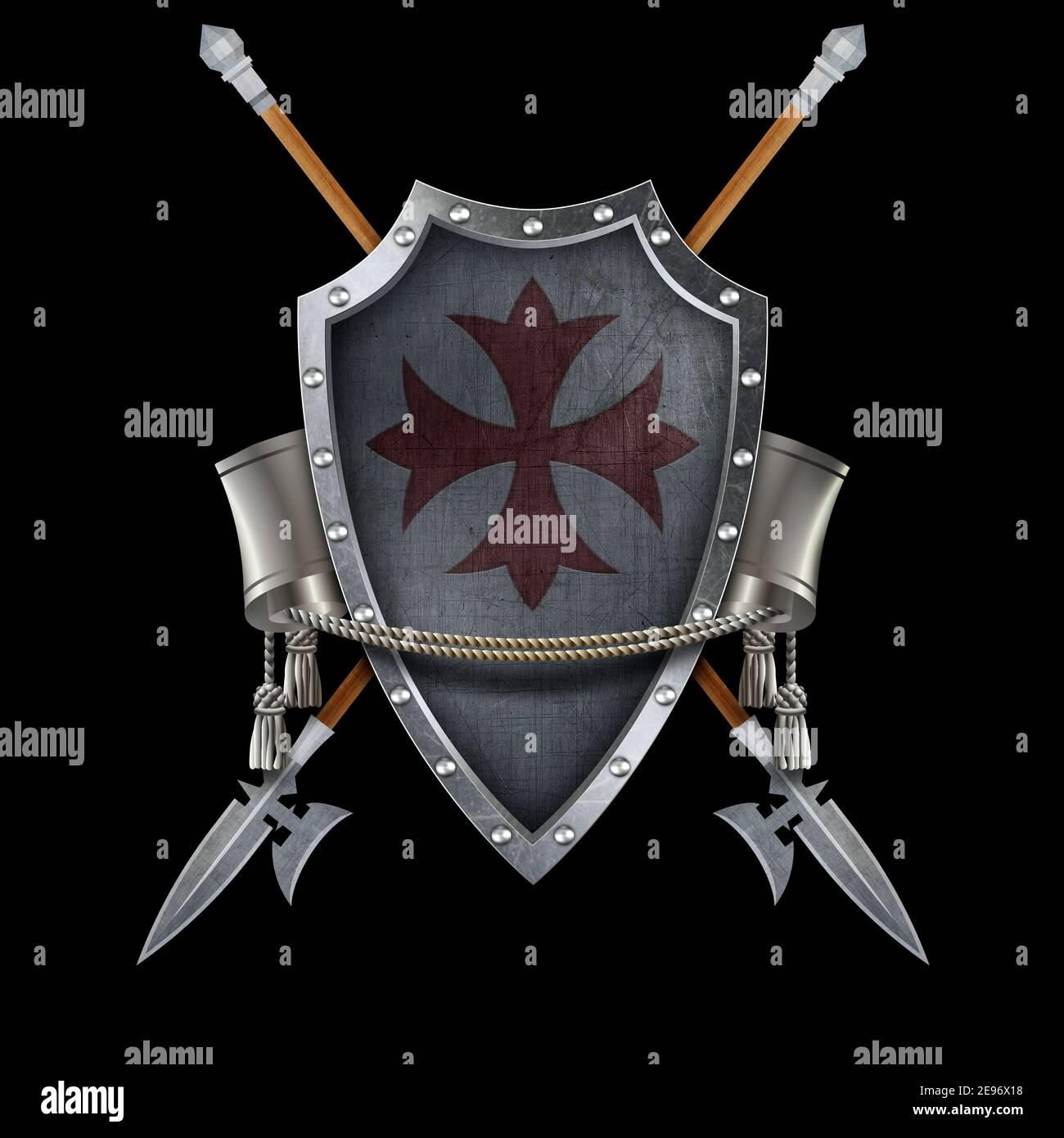 Silver riveted shield with scroll and cross on black background Stock ...