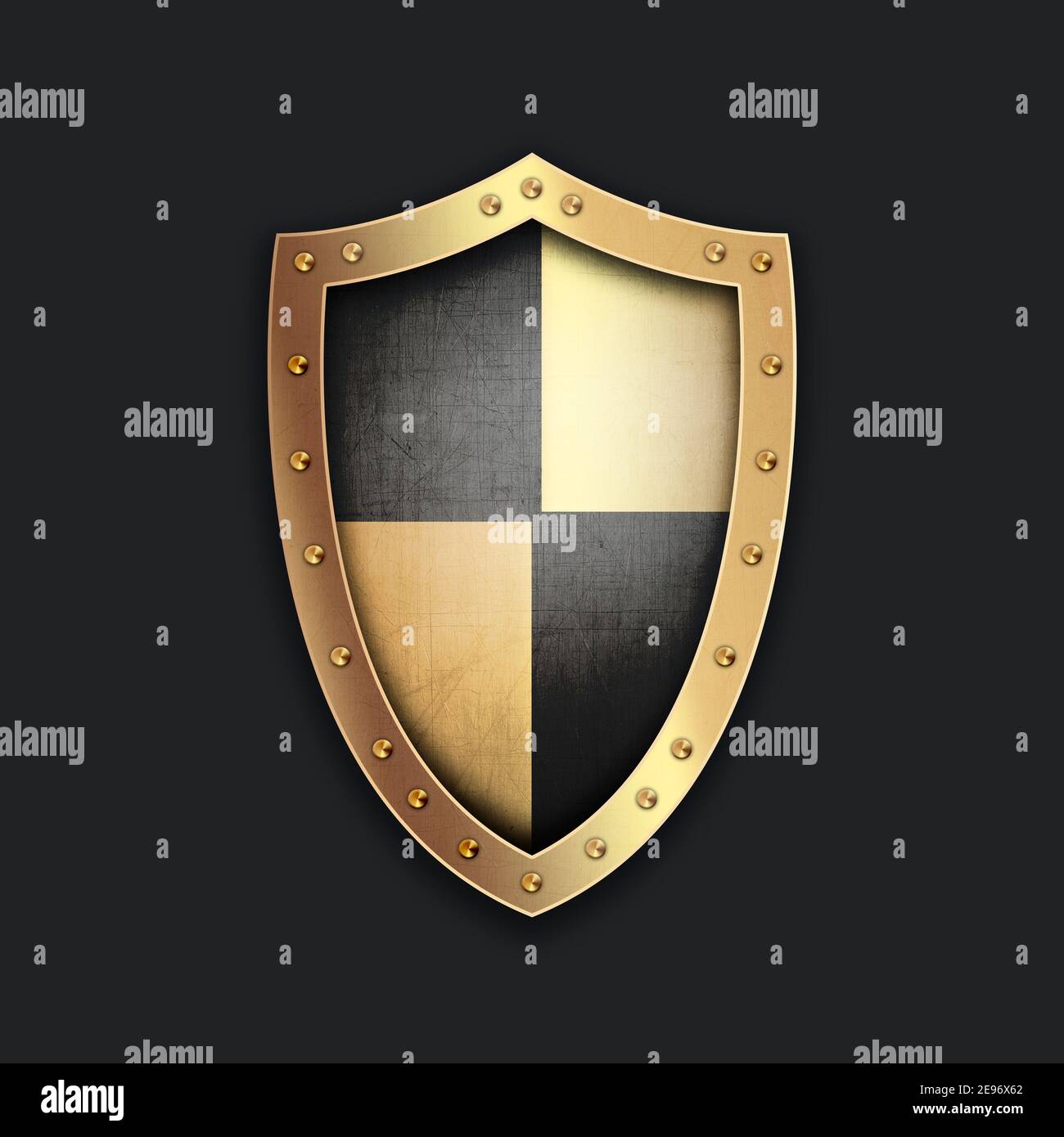 Ancient golden shield with riveted border. Isolated on black background ...