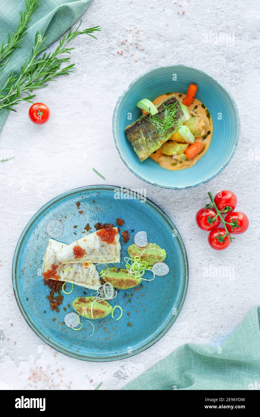 Steamed diet white fish fillet, pike perch and zander, with herbs ...