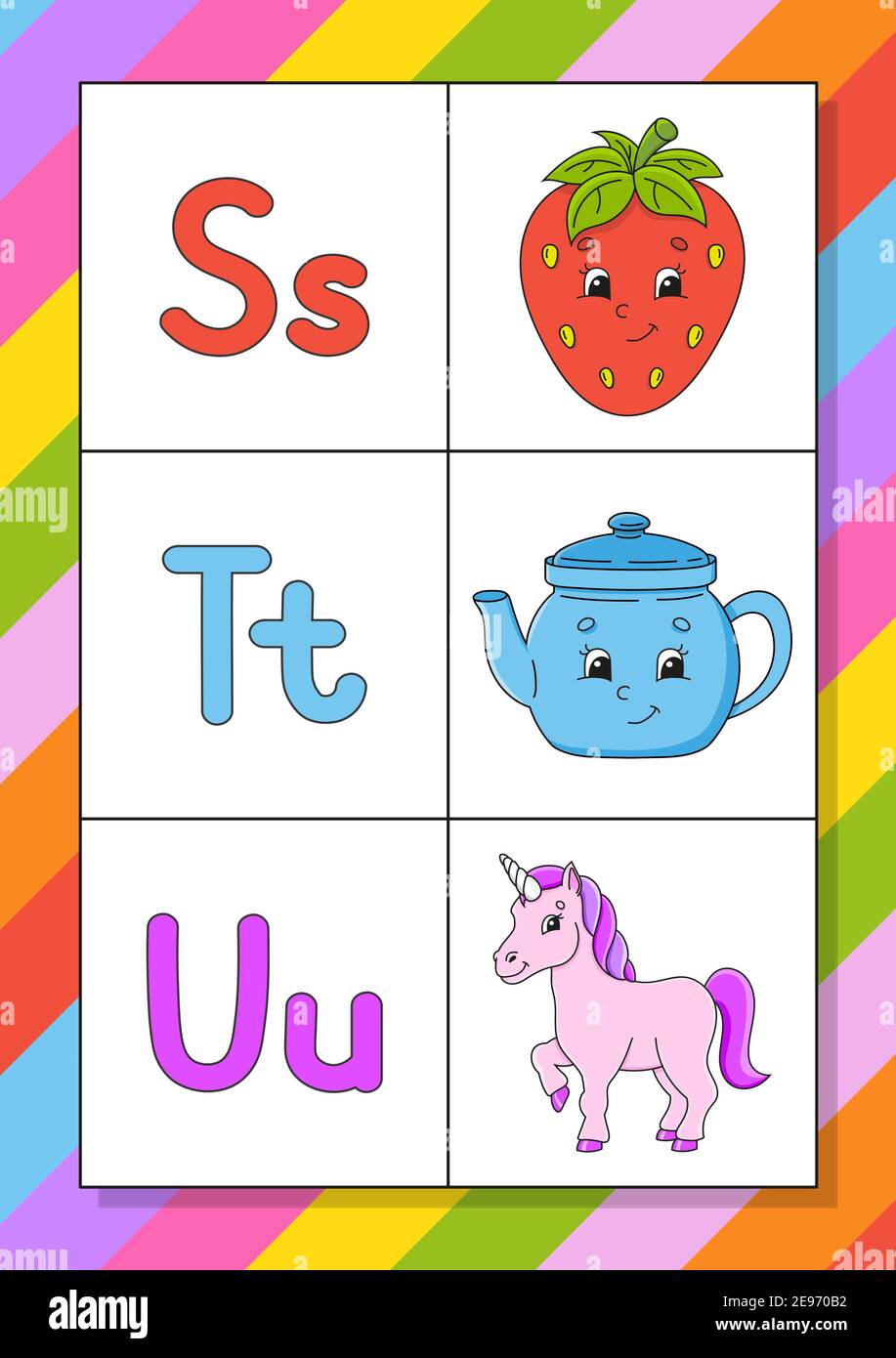 English alphabet with cartoon characters. Flash cards. Vector set ...