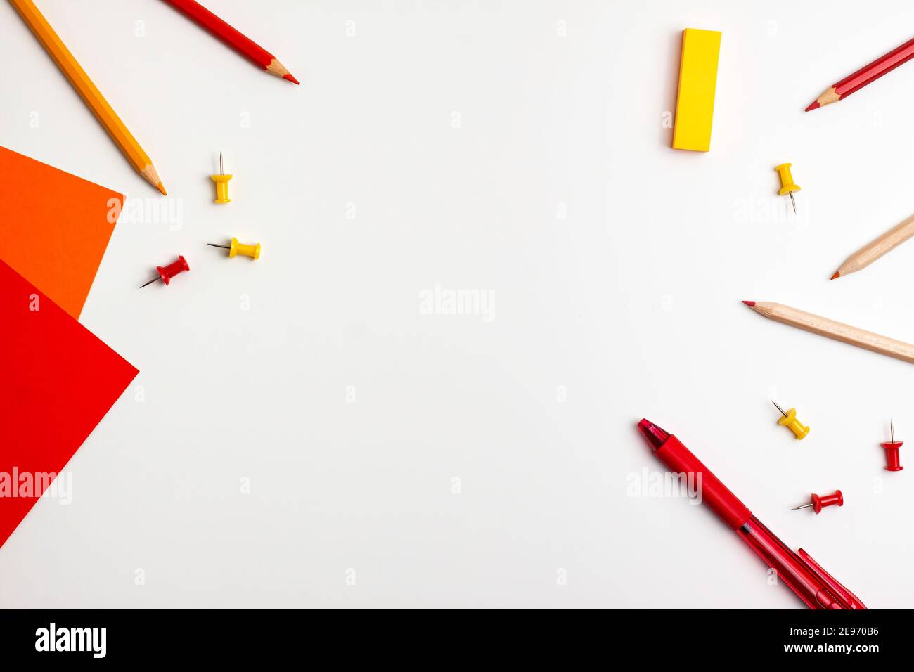Red and yellow pen, sticky note, notepad, marker, eraser, push pins ... Red and yellow pen, sticky note, notepad, marker, eraser, push pins ...