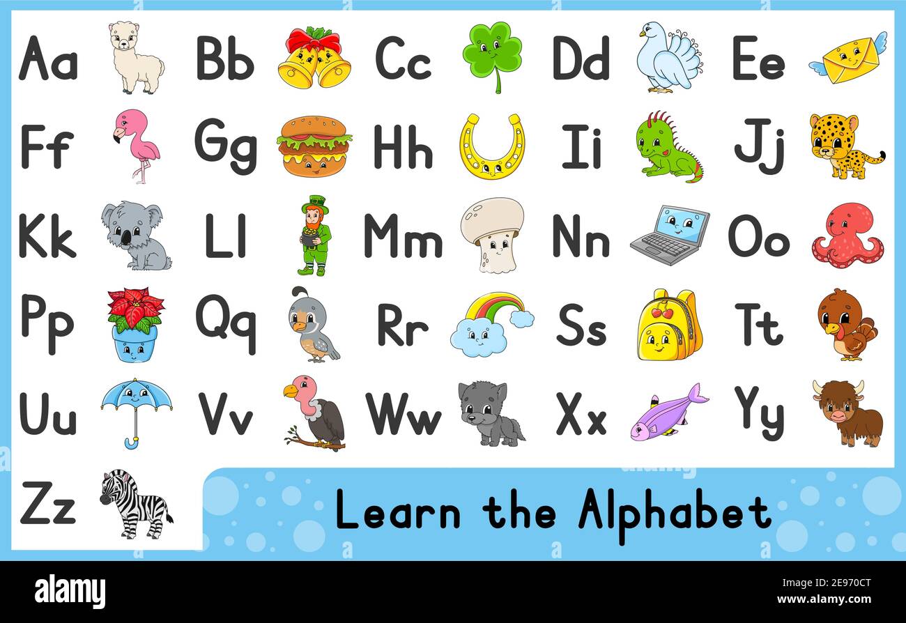 English alphabet with cartoon characters. Vector set. Bright color ...