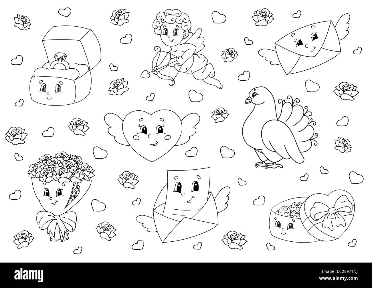 Coloring book for kids. Valentine's Day clipart. Cheerful characters ...
