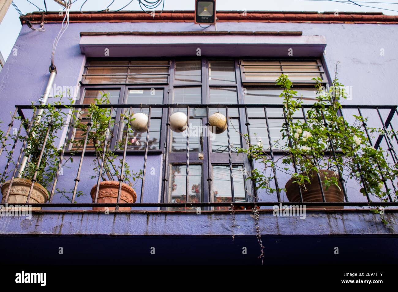 Plants and flowers on balcony from purple Hispanic house Stock Photo ...