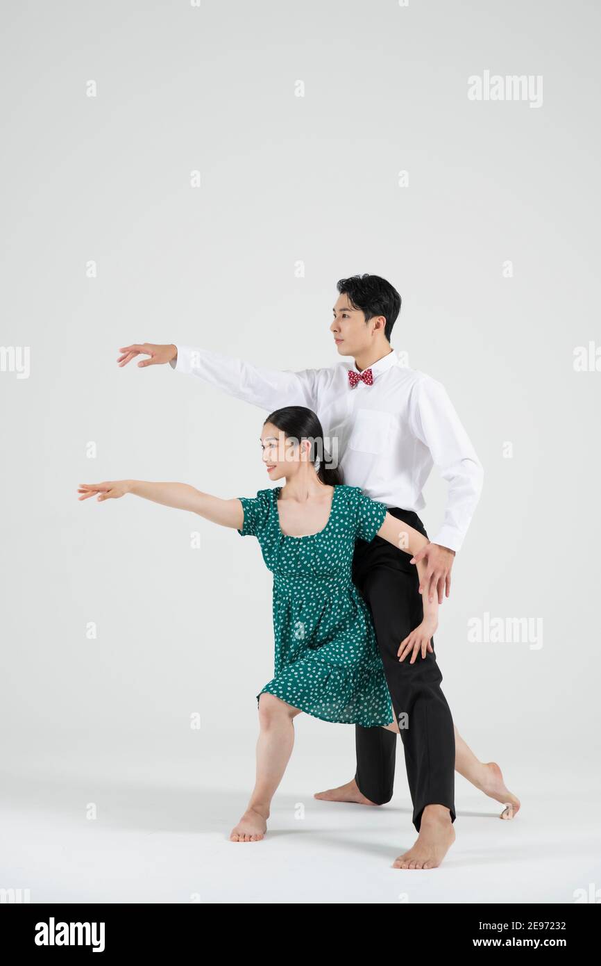 retro concept, contemporary couple dancer in white background Stock ...