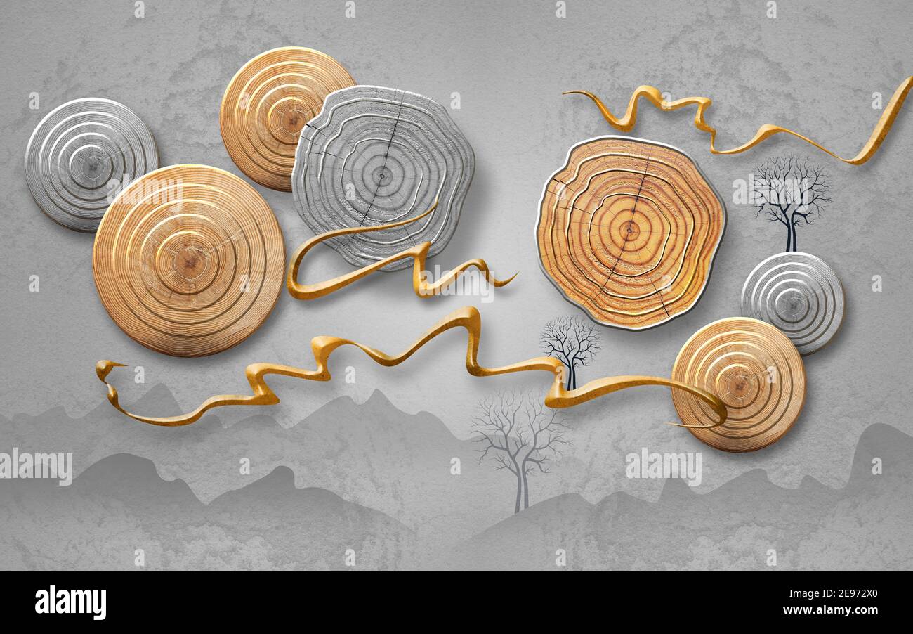 3d illustration, gray wavy background, golden ribbons, gray and beige ...