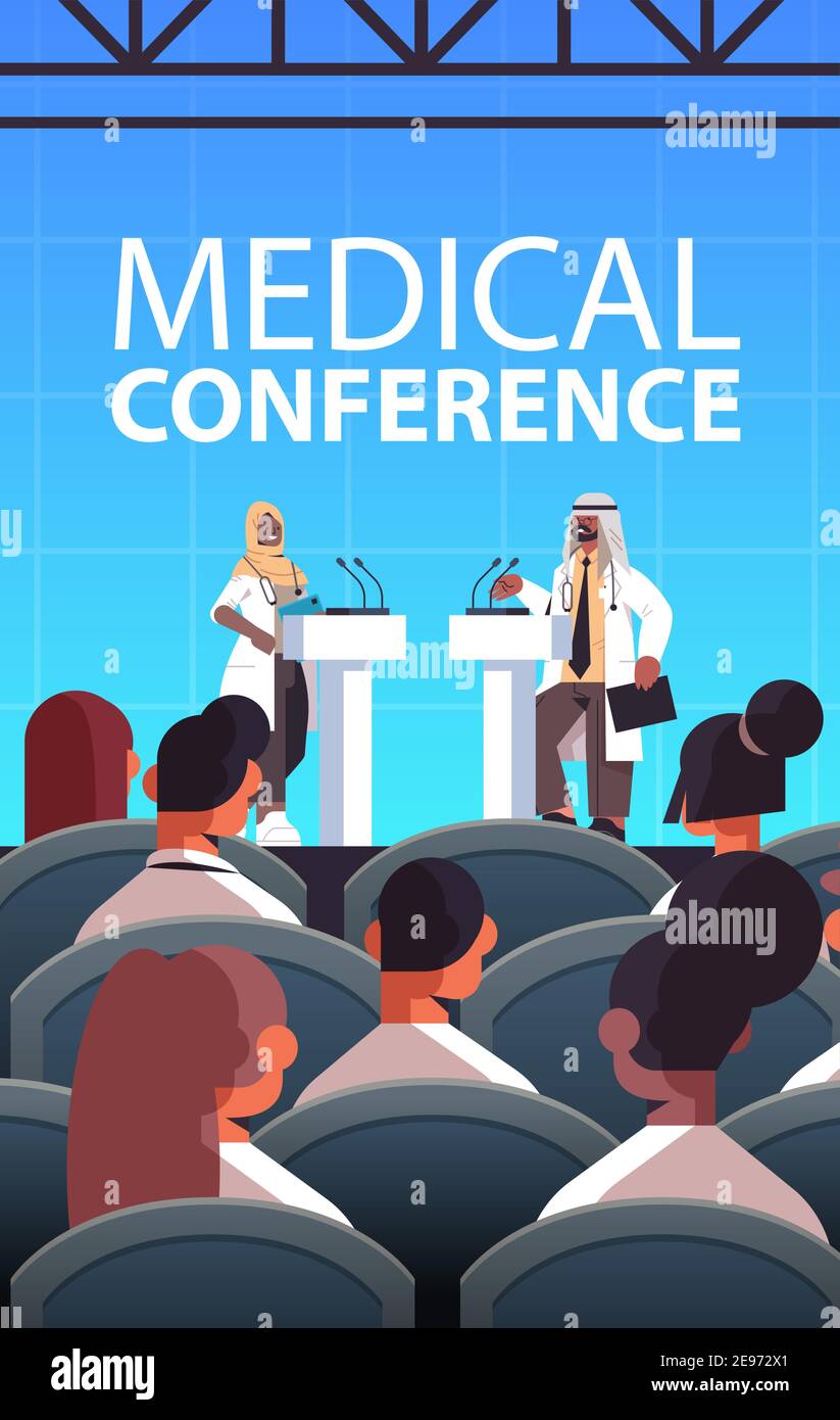 arabic doctors couple giving speech at tribune with microphone medical ...
