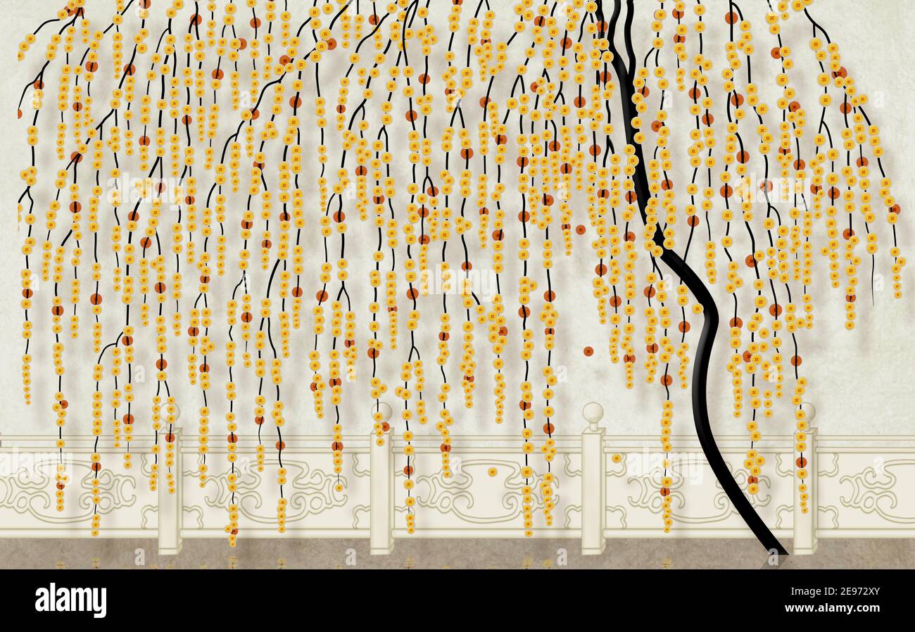 3d illustration, curved tree with chinese coins of happiness on a beige ...