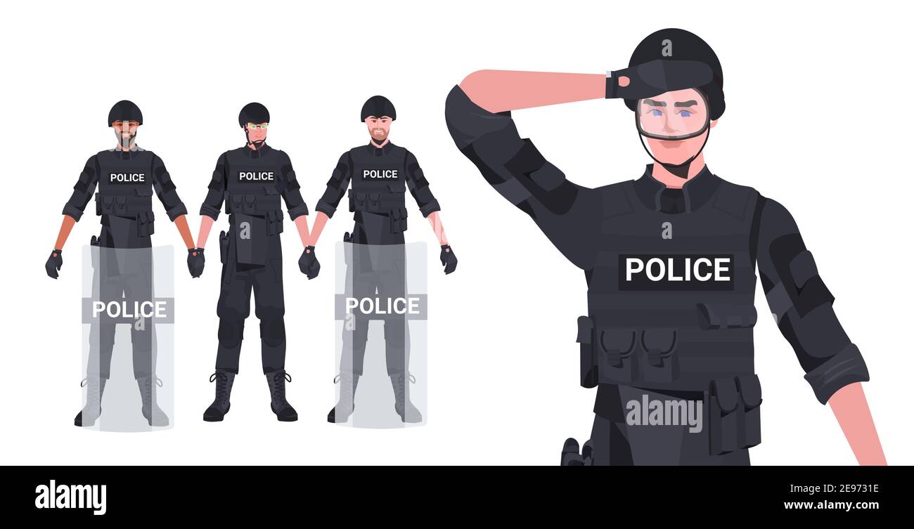 set mix race policemen in full tactical gear riot police officers ...