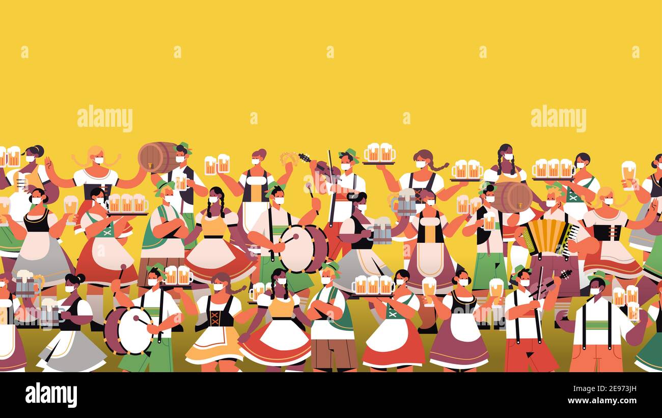 crowd people holding beer mugs and playing musical instruments ...