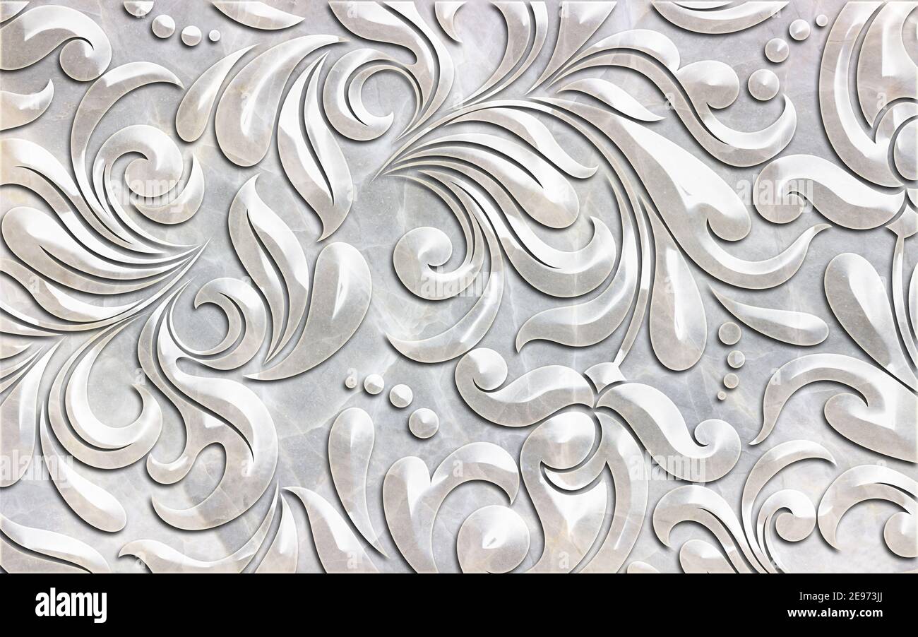 3d illustration, marble embossed ornamental pattern on gray marble ...
