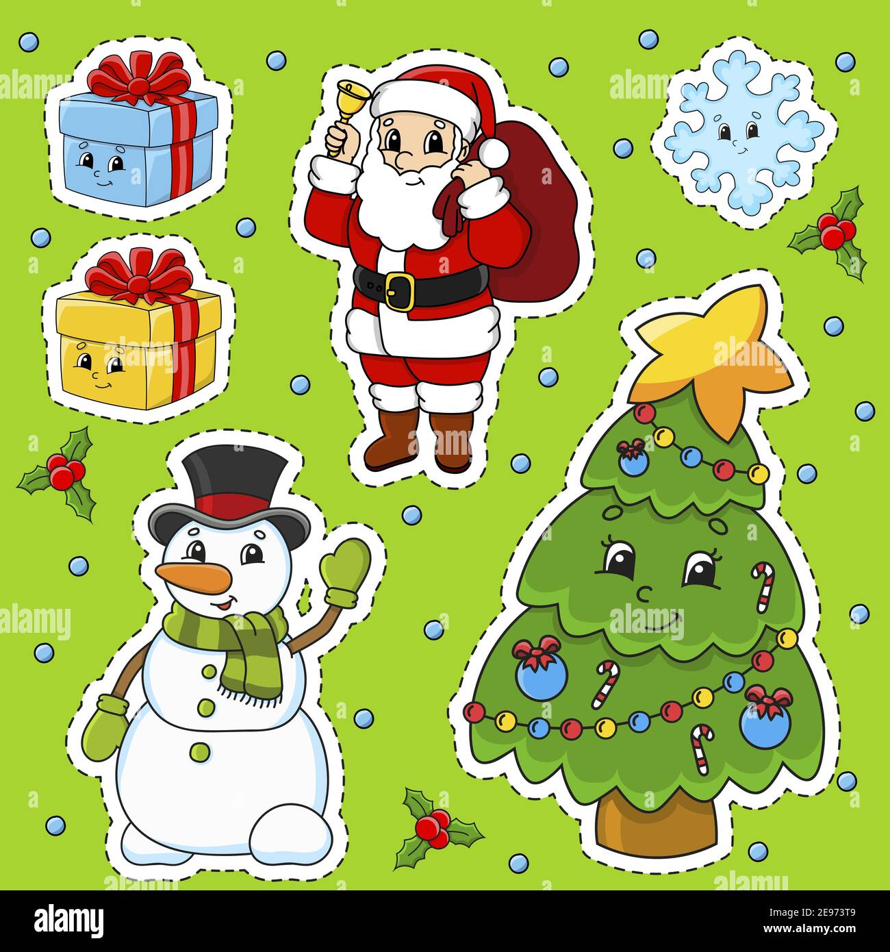 Set of stickers with cute cartoon characters. Christmas theme. Hand ...