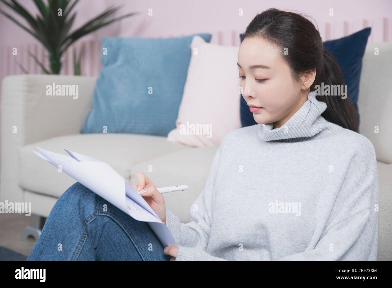 beautiful Asian single solo woman living alone concept writing on ...