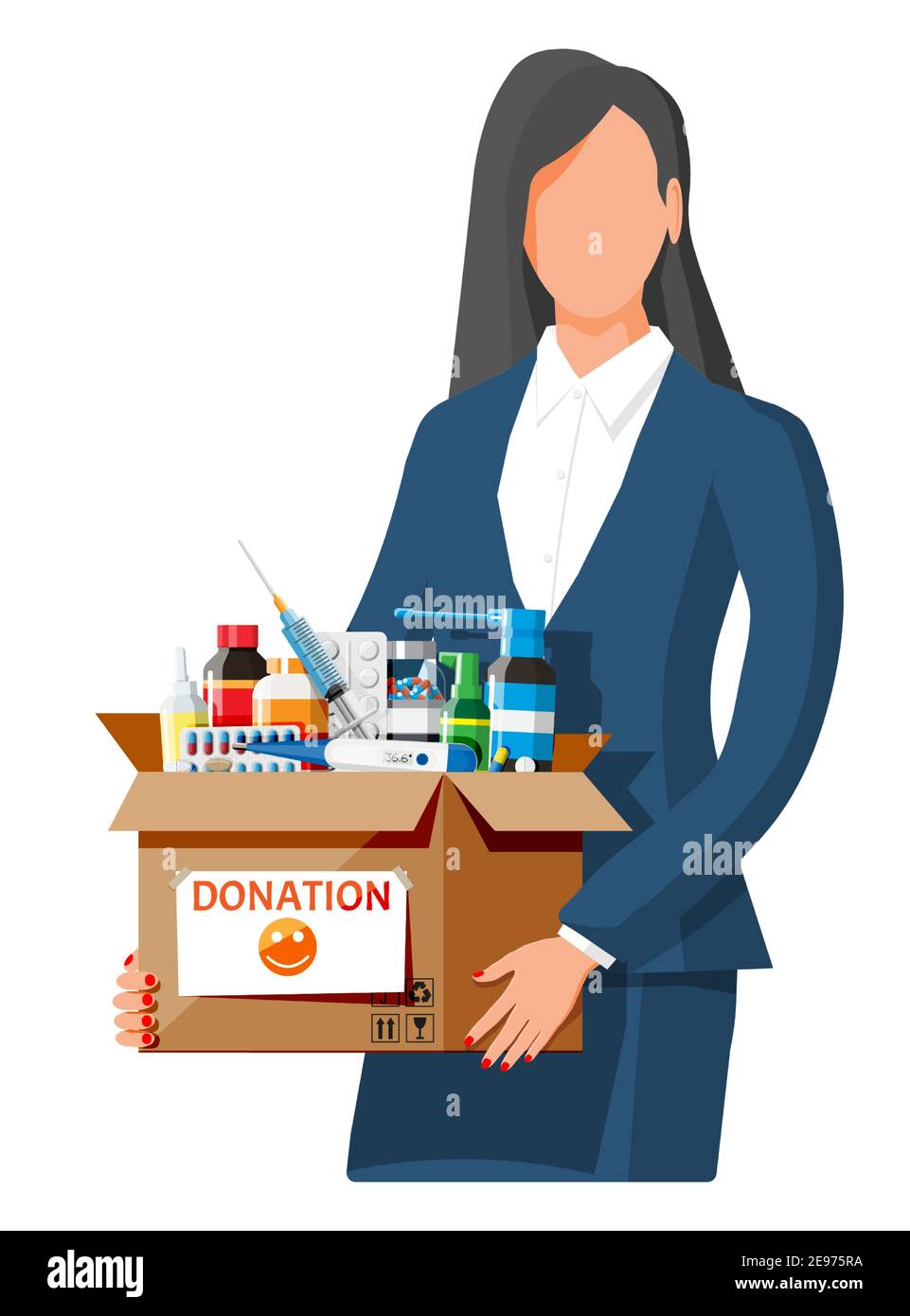Woman and cardboard box full of drugs. Needed items for donation ...