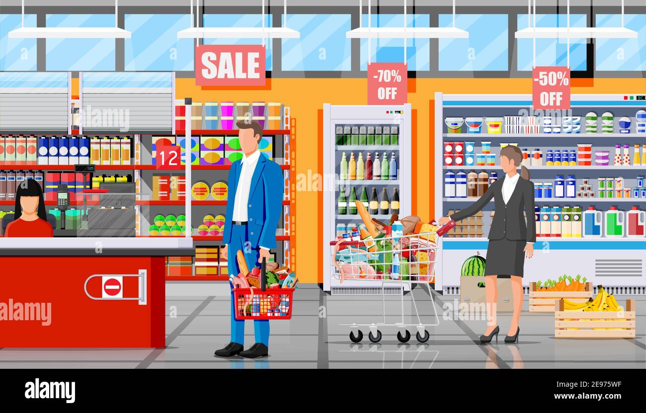 Supermarket store interior with goods. Big shopping mall. Groceries ...