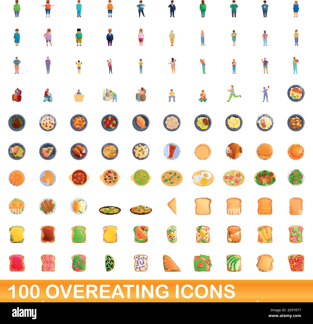 100 overeating icons set. Cartoon illustration of 100 overeating icons ...