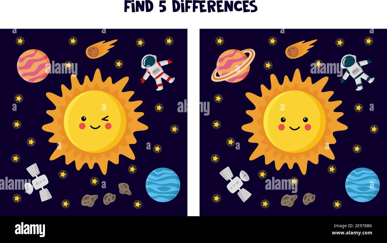 Find 5 differences between pictures. Space themed worksheet for kids ...