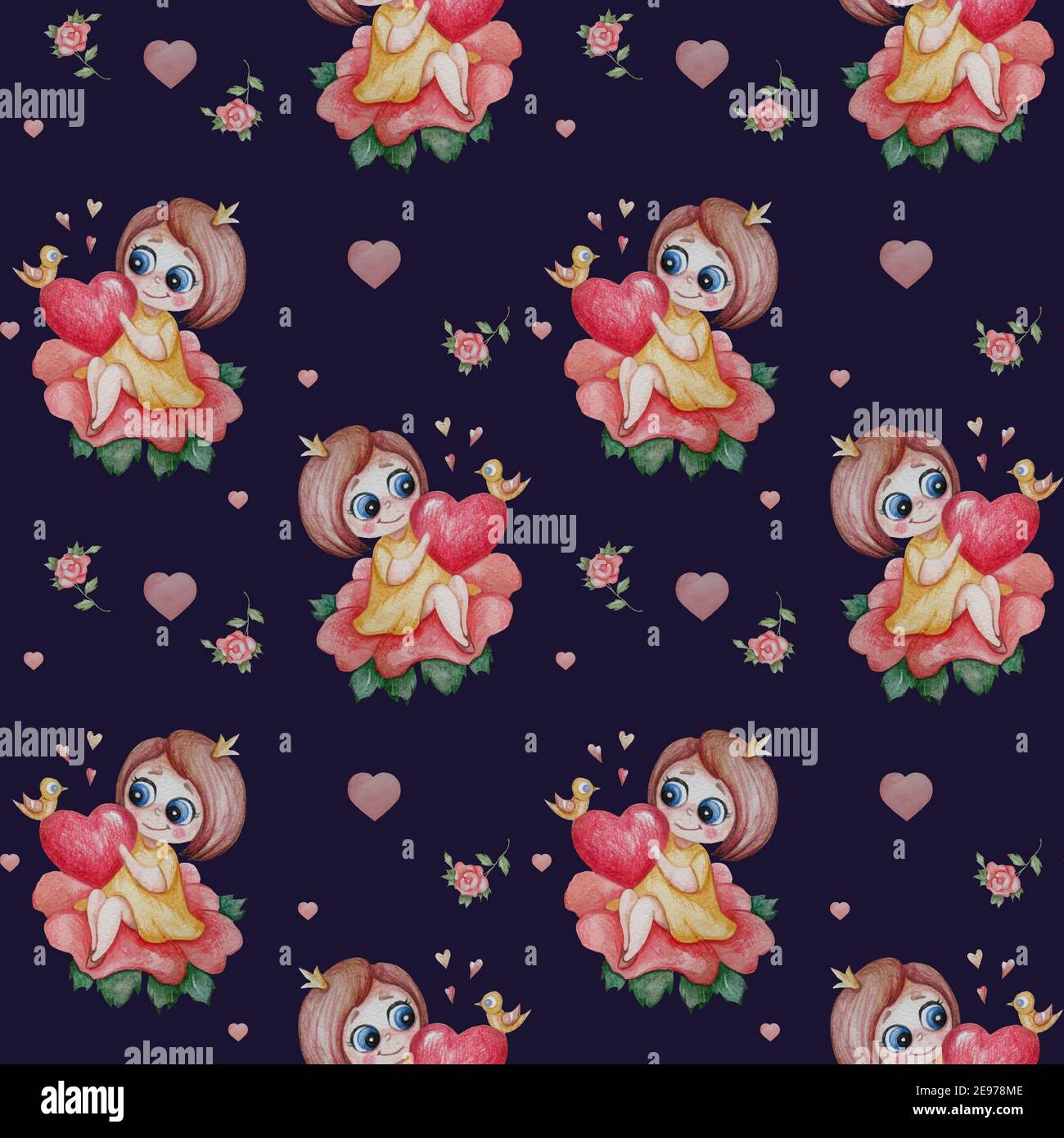 Seamless patterns. A cute princess girl with a hairstyle sits on a ...