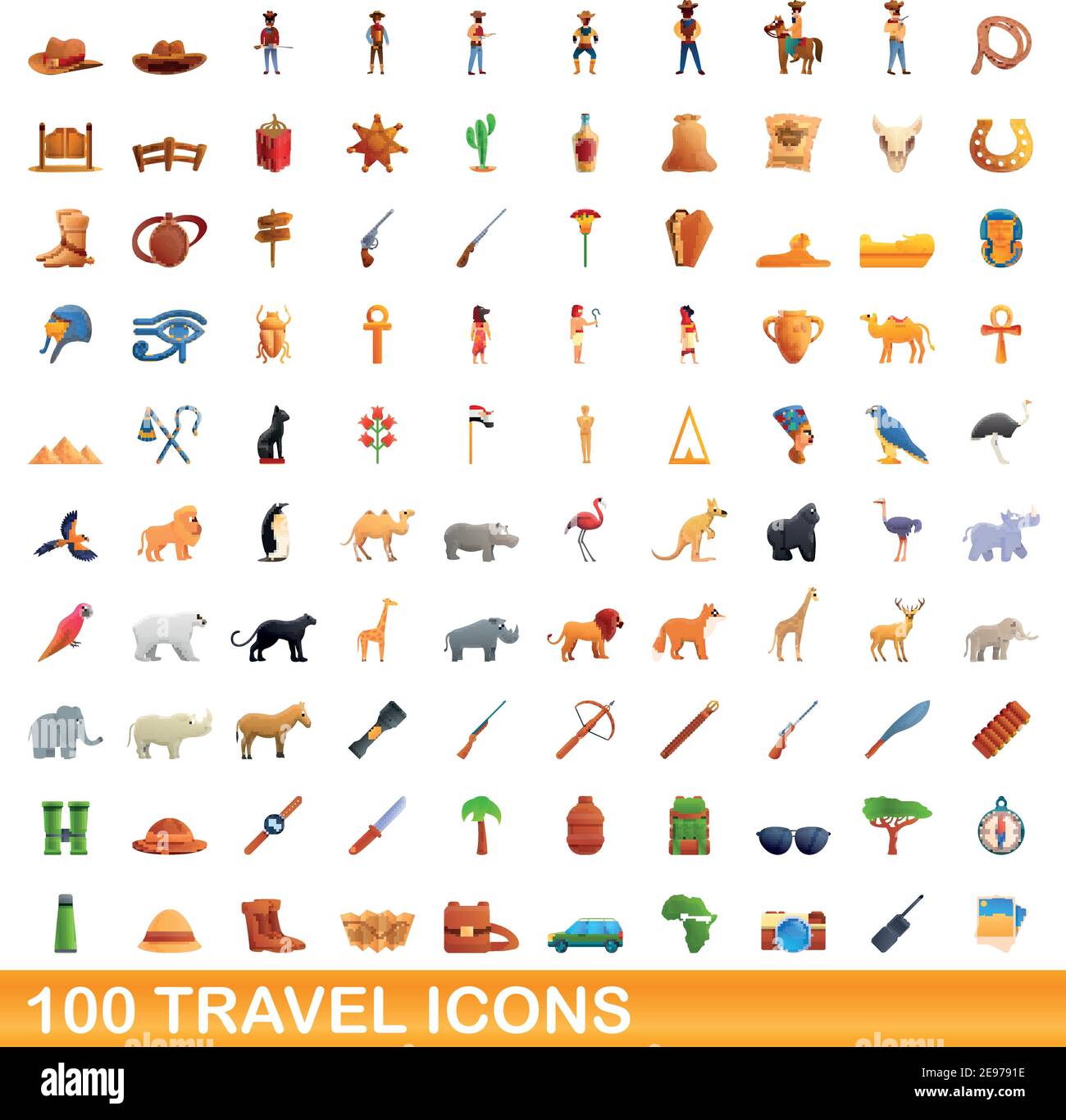 100 travel icons set. Cartoon illustration of 100 travel icons vector ...