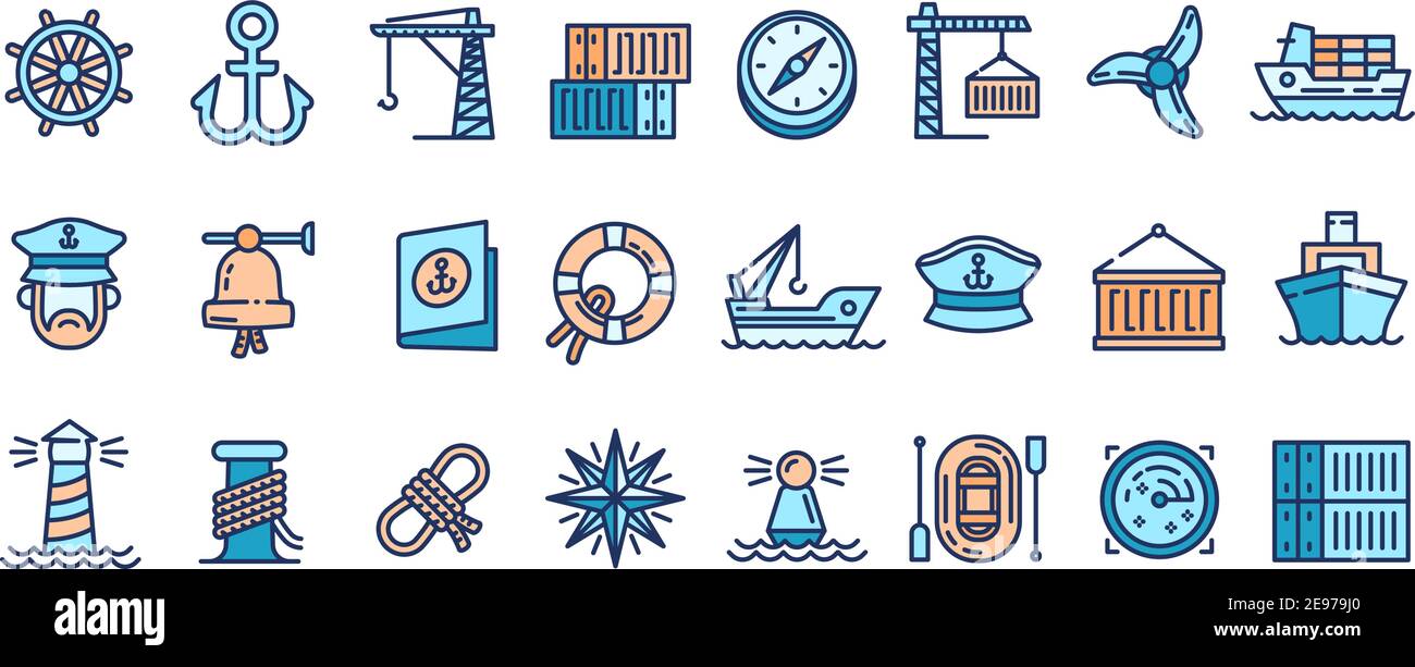Marine port icons set. Outline set of marine port vector icons for web ...