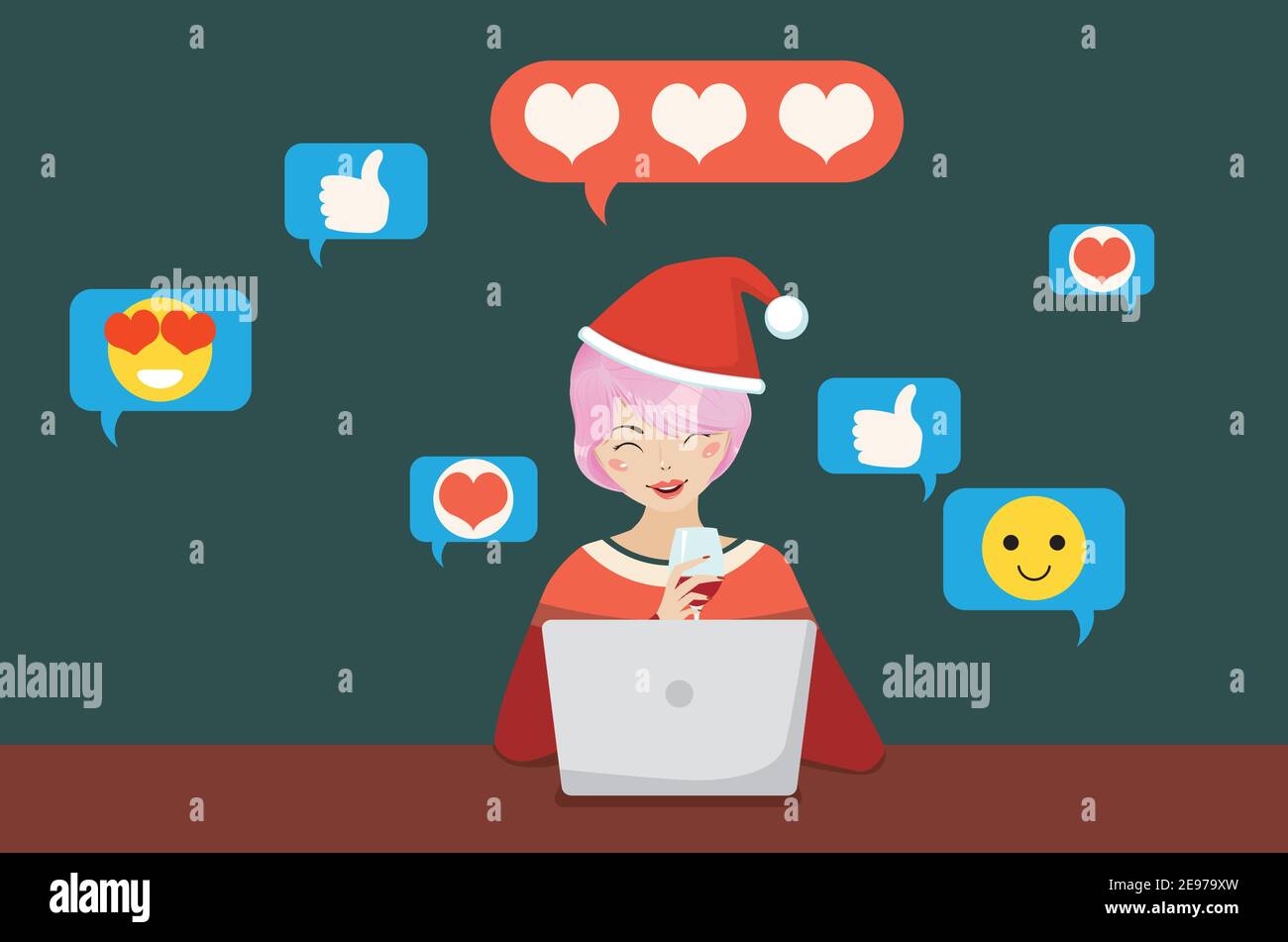 Cartoon girl with a laptop wears Christmas hat, chatting online in ...