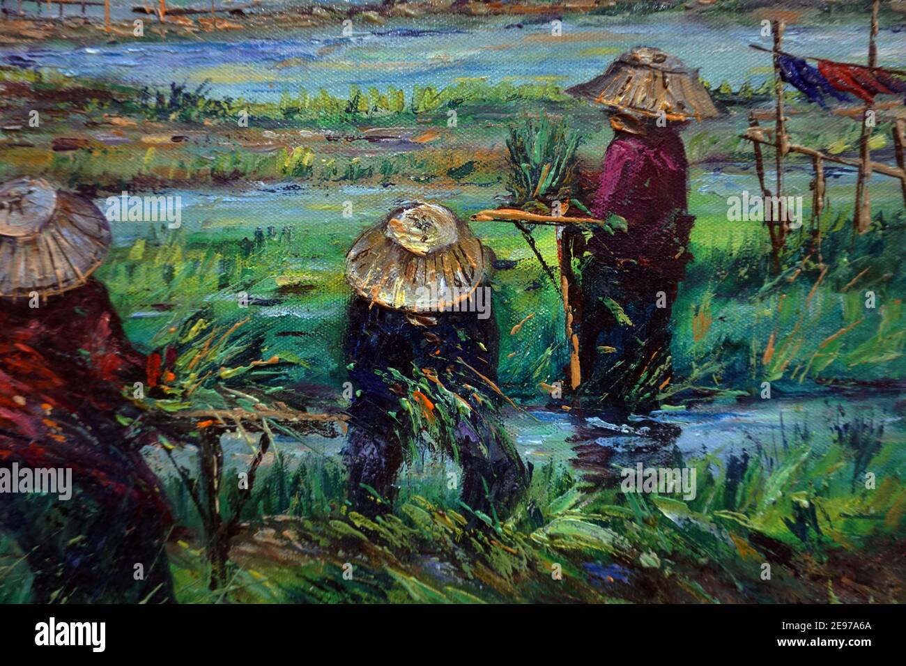 Art painting oil color Thailand Grow rice , Transplant rice seedlings ...