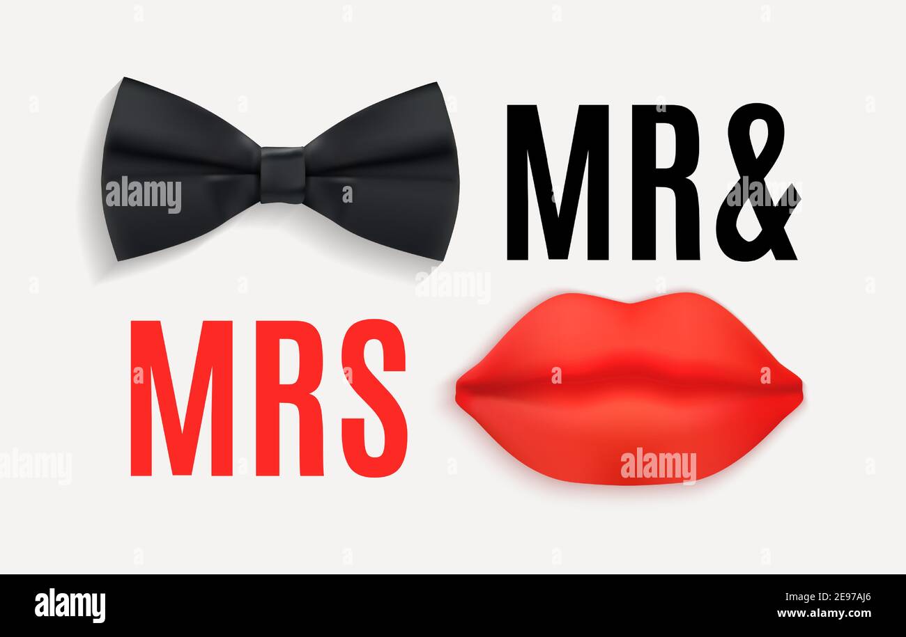 Mr. and Mrs. Sign with Black bow tie and Red Lips. 3d Vector ...