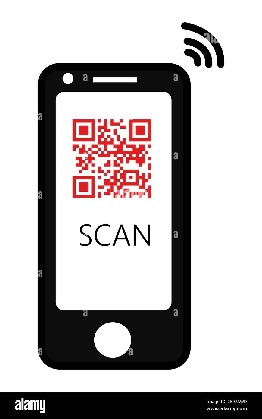 QR code showing on mobile phone display. Scanning red QR code with ...