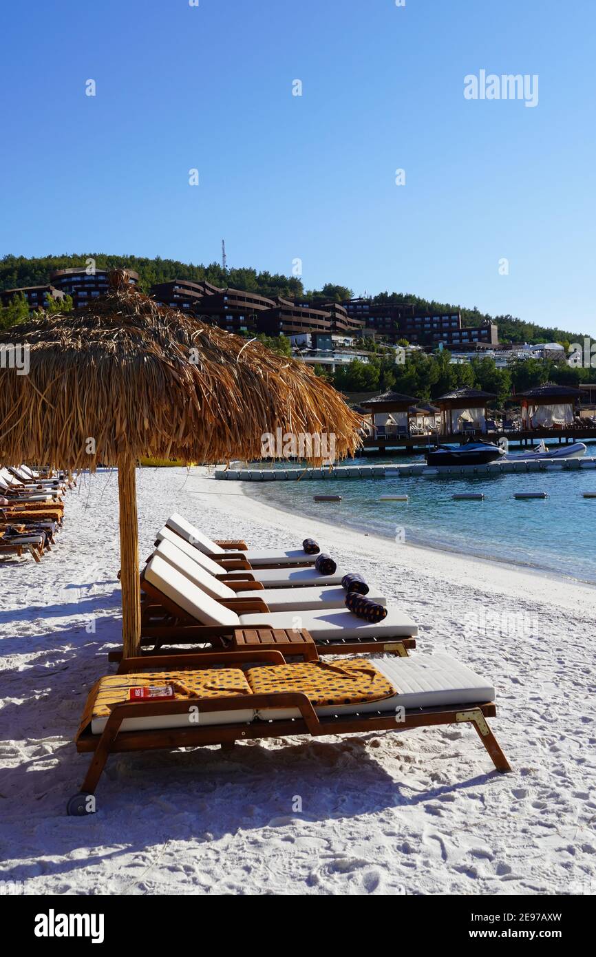 Bodrum, Turkey - August, 2020 Hotel beach Lujo. Beautiful tropical ...