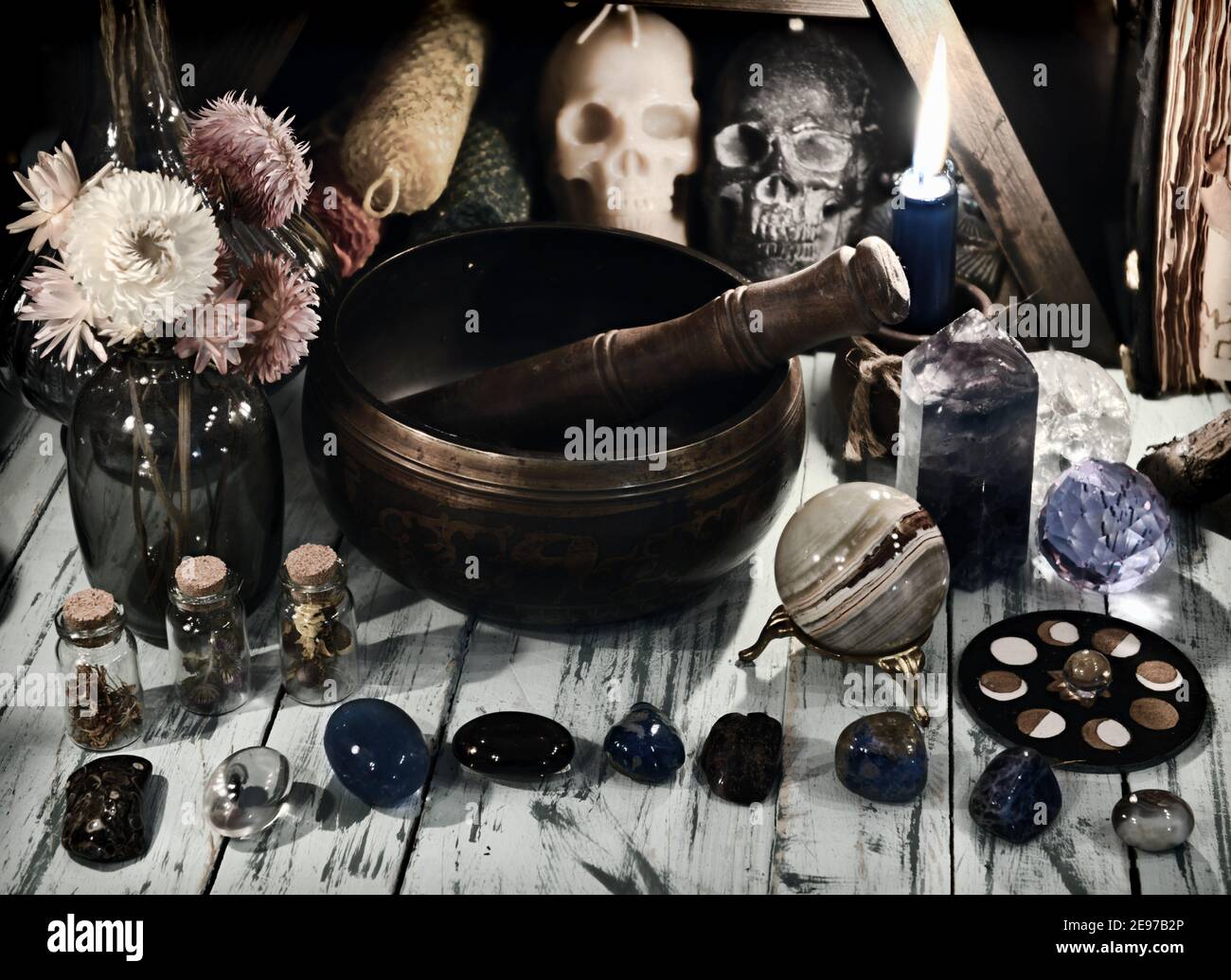 Grunge still life with crystals, singing bowl and magic objects ...
