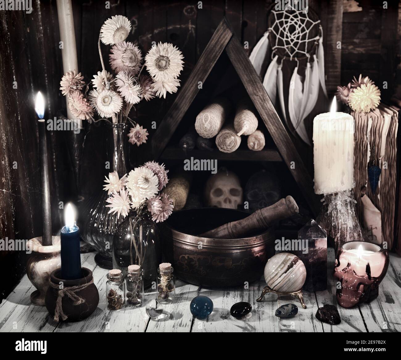 Mystic still life with burning candles, Tibetan singing bowl and ...