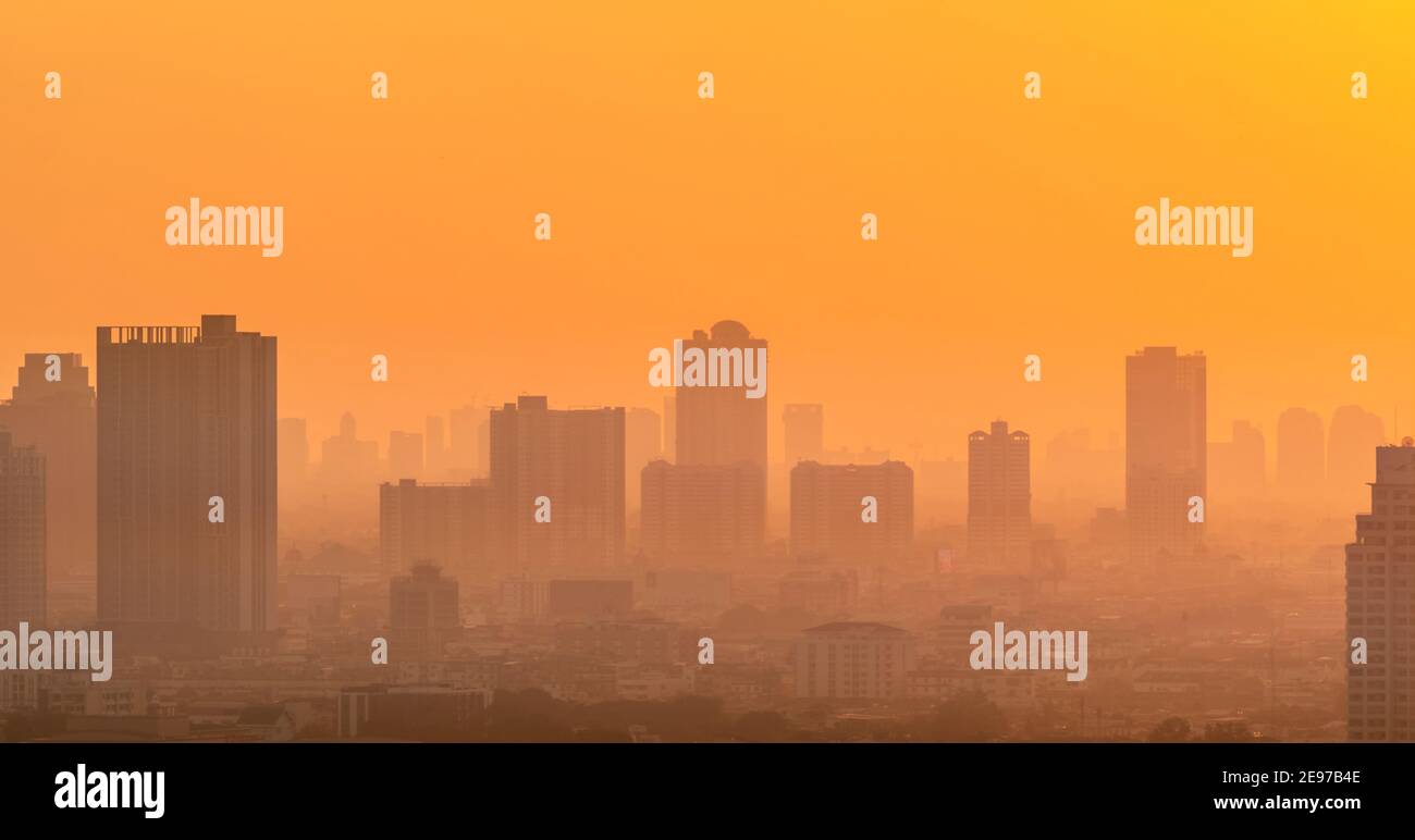 Air pollution. Smog and fine dust of pm2.5 covered city in the morning ...