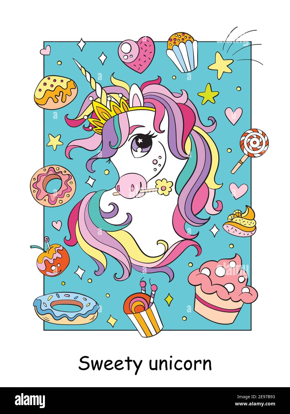 Cute unicorn head with sweets and cakes. Vector cartoon colorful ...