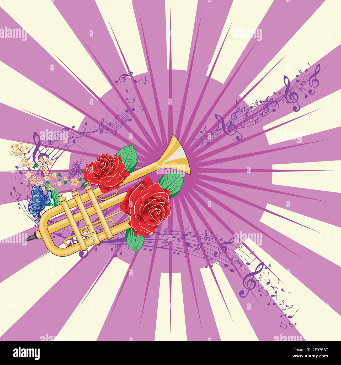 Yellow trumpet with red roses and music notes illustration Stock Vector ...