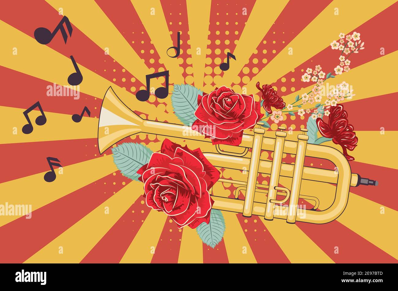 Yellow trumpet with red roses and music notes illustration Stock Vector ...